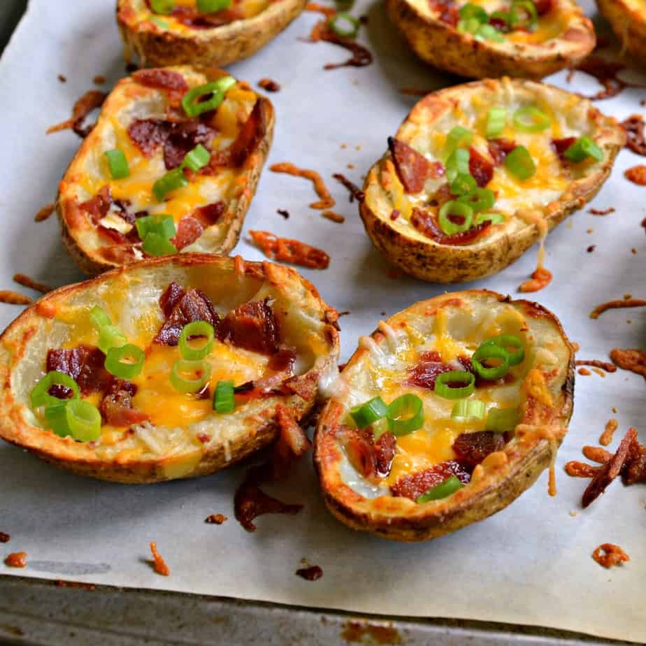 Crispy Potato Skins with Cheddar, Monterey Jack and Bacon