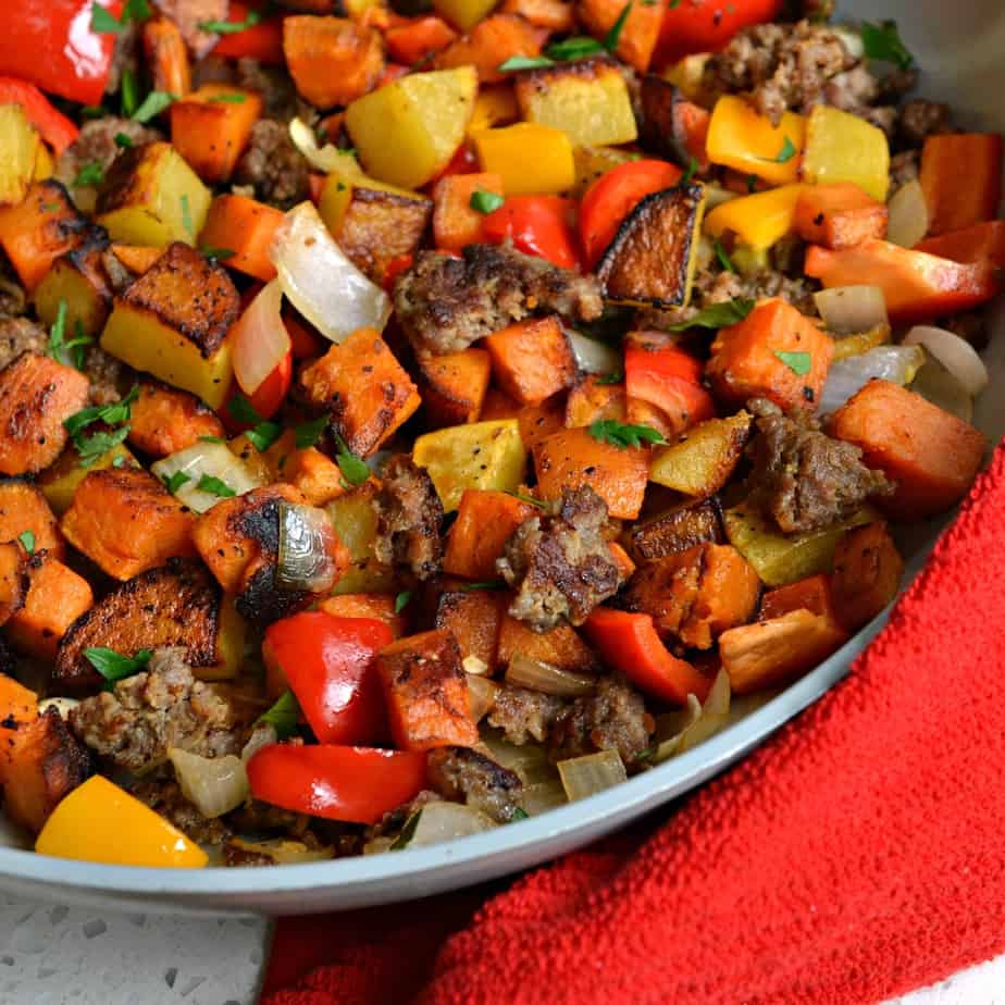 Sweet Potato Hash with Eggs Sausage and Peppers