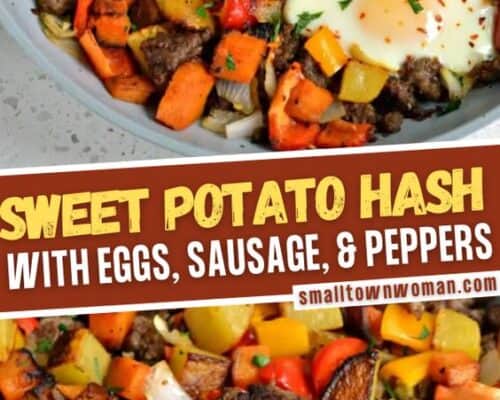 Sweet Potato Hash with Eggs Sausage and Peppers
